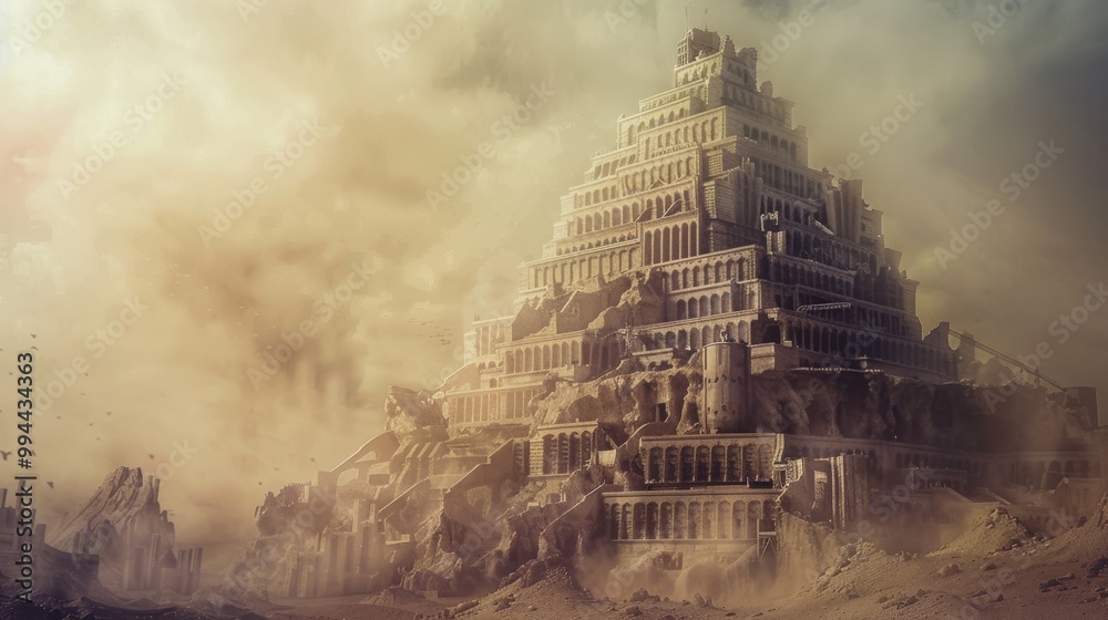 A grand and ancient stepped pyramid rising majestically into a foggy ...