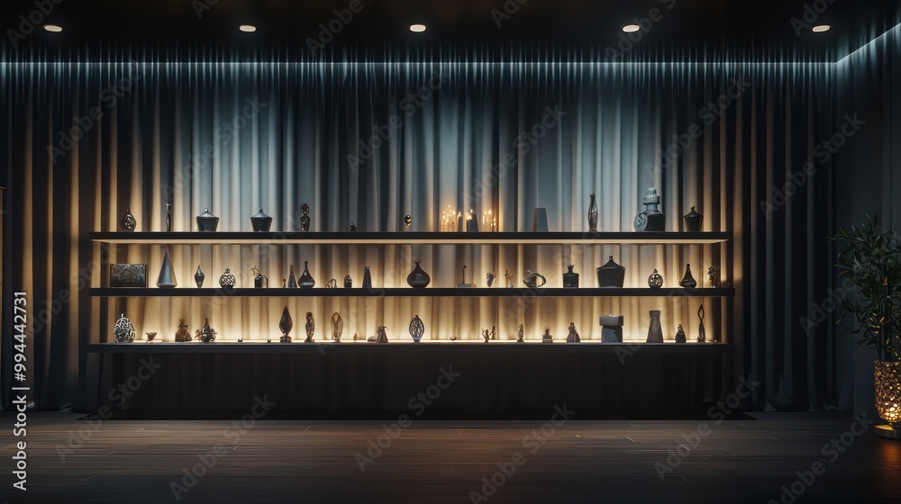 A minimalist magic shop with discrete shelving for magical artifacts, a ...