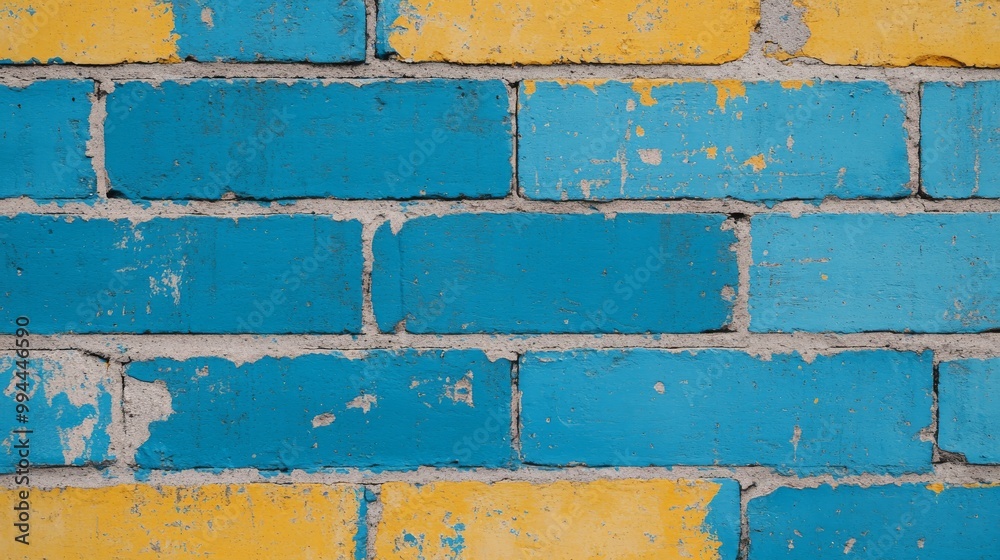 Colorful blue and yellow brick wall showing texture and weathering in ...