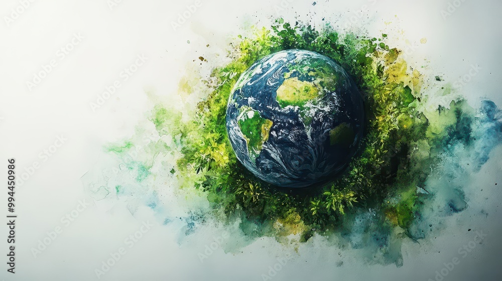 watercolor artwork depicting a lush green earth with soft brush strokes ...