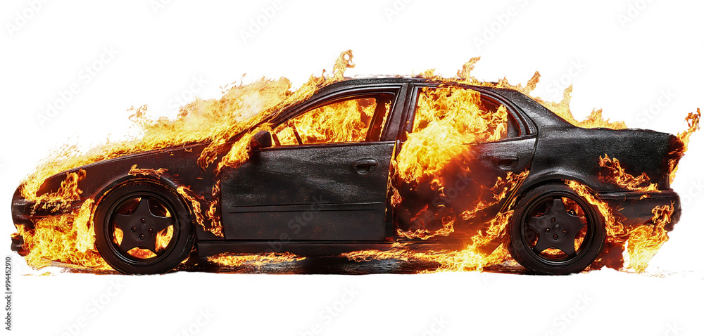 Car engulfed in fire isolated on transparent background, burning ...