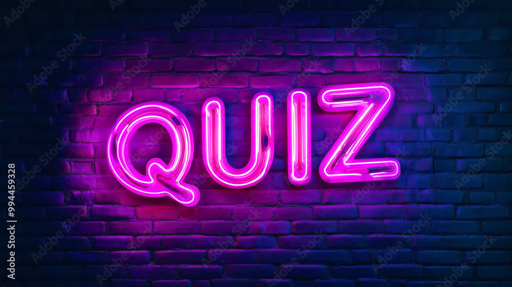 Quiz neon sign illuminating brick wall, game show text glowing brightly ...