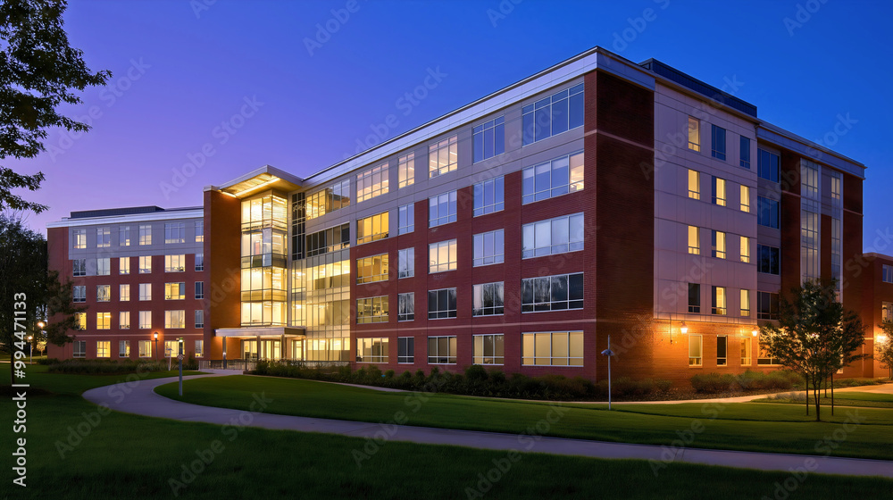 Multi story school dorm building exterior, modern university campus ...