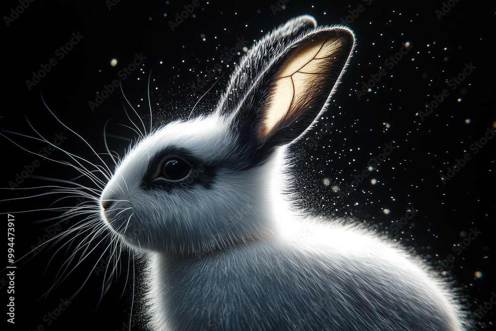 Rabbit in dark, close-up of detailed fur, glowing effect on black ...
