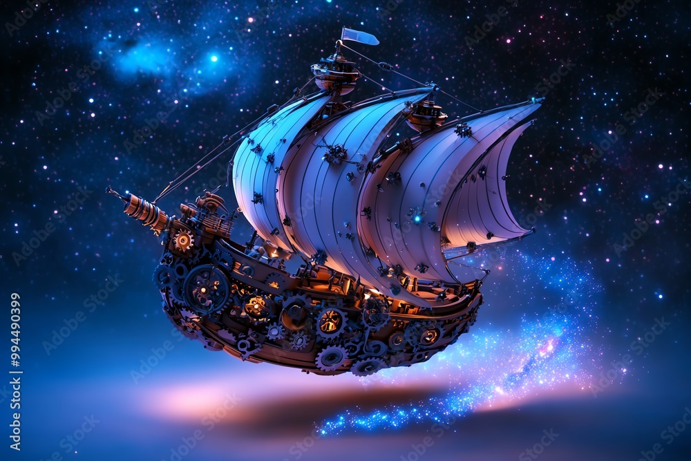 A floating ship made of gears and clockwork sailing through a sea of ...