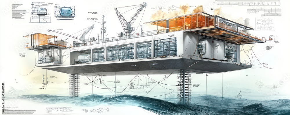 Technical drawing for an offshore marine research platform, detailing ...