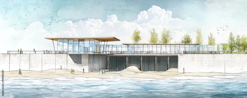Technical drawing for a coastal resilience center, featuring storm ...