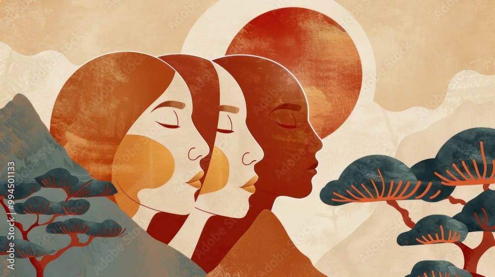 An illustration of three asians faces in profile, styled as an Art Deco ...