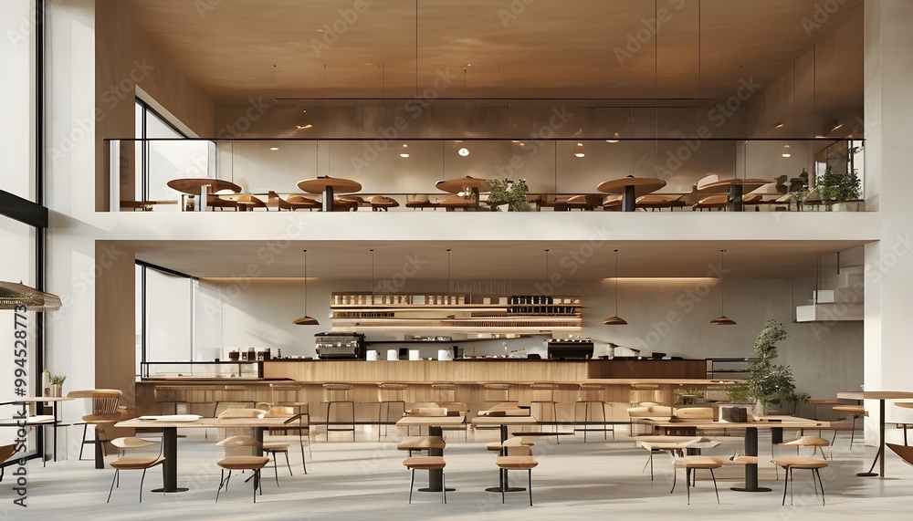 Stylish two-story cafe interior design with spacious shared areas and a ...