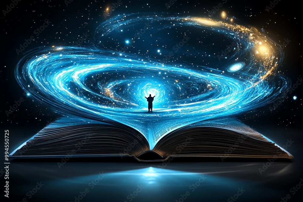 A massive open book floating in space, its pages turning into swirling ...