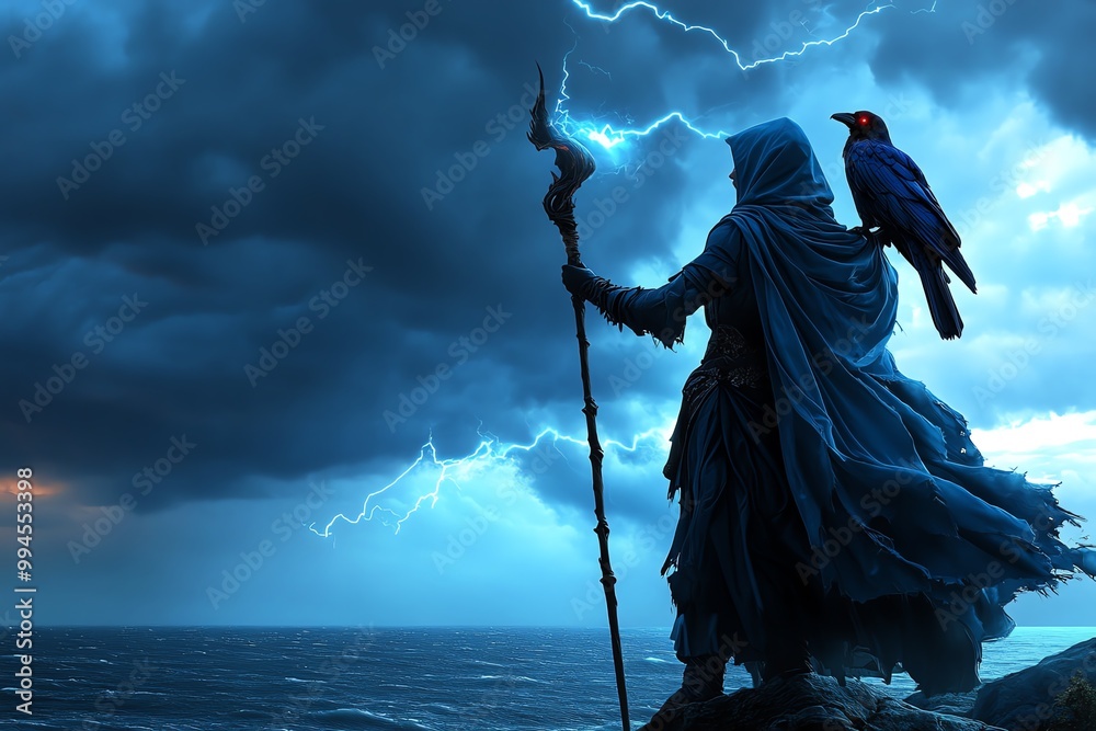 A mysterious witch wearing a midnight blue cloak stands on a cliff ...