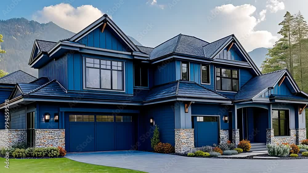 Beautiful modern blue house with large windows and garage, showcasing ...