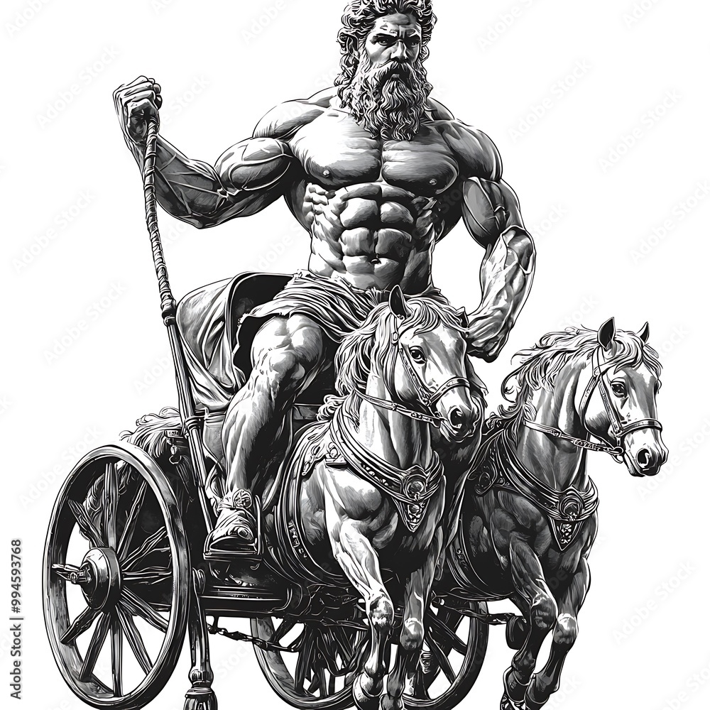 Zeus, Greek God of Thunder, riding in a chariot with horses. Black and ...