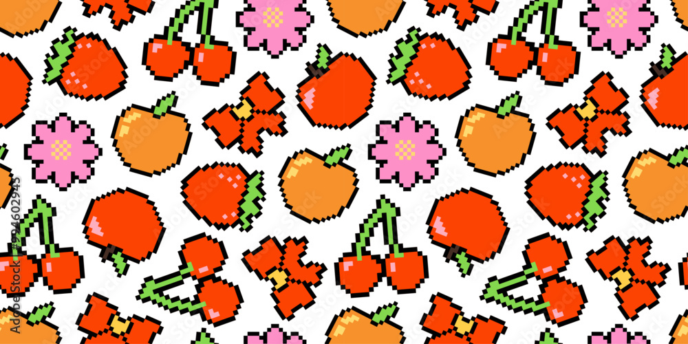 Vibrant pixel art pattern with fruits: cherries, strawberries, apples ...