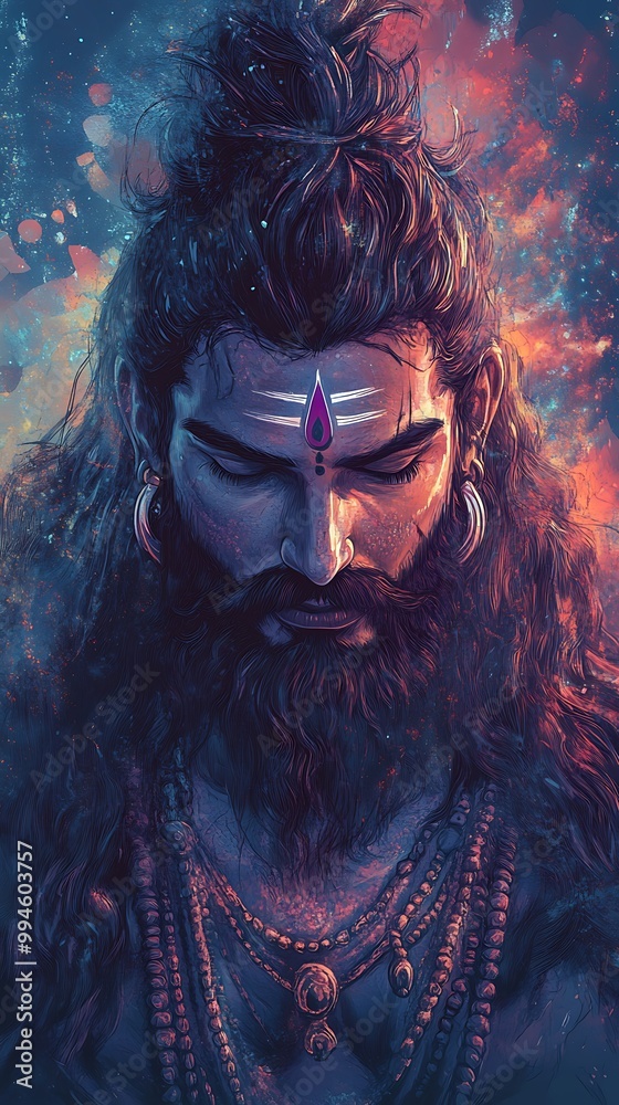 Digital art painting of Hindu god Shiva with third eye, beard and ...