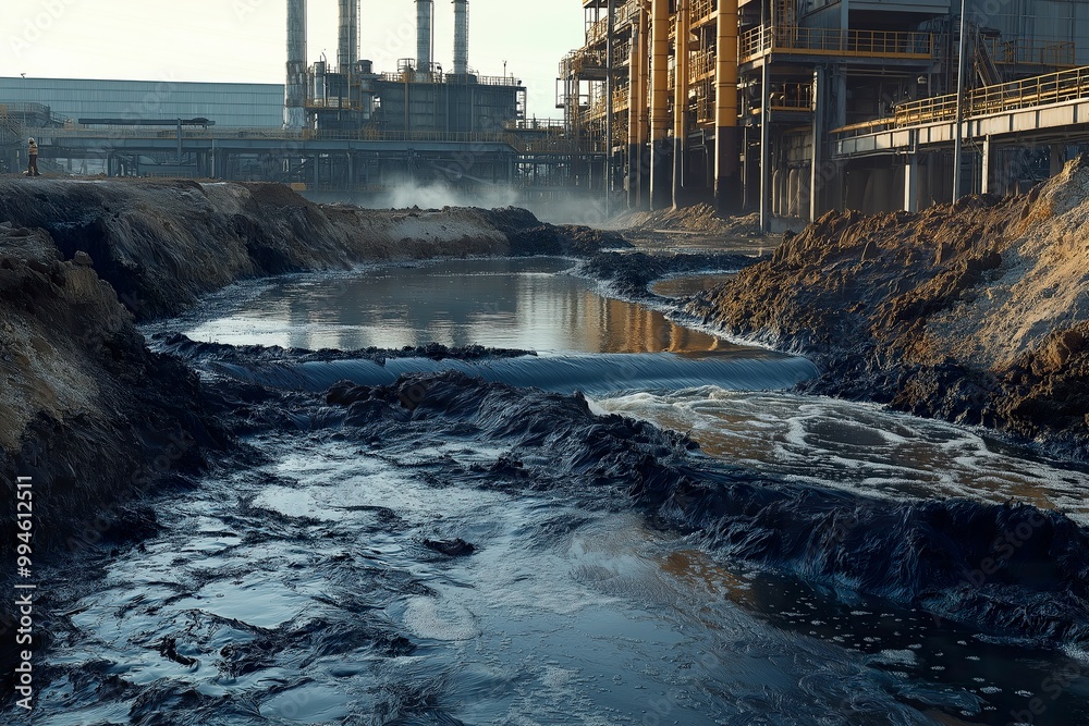 Industrial waste dumping into a river at a manufacturing facility ...