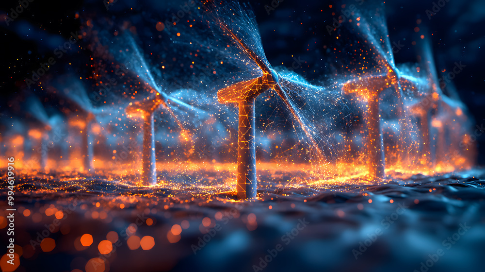 Abstract illustration of wind turbine generating renewable energy. Wind power plant skeleton ...