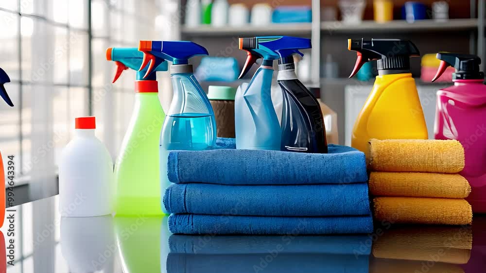 Assorted cleaning supplies with colorful spray bottles, cloths, and ...