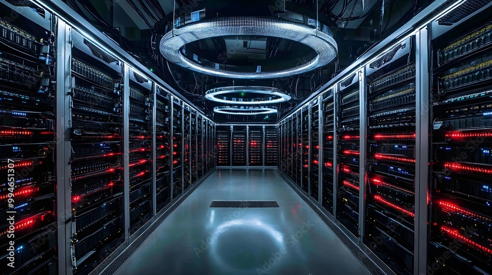 A massive circular server farm, rows of computers neatly arranged ...