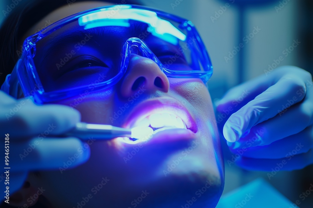 close-up scene in a brightly lit dental practice where a skilled ...