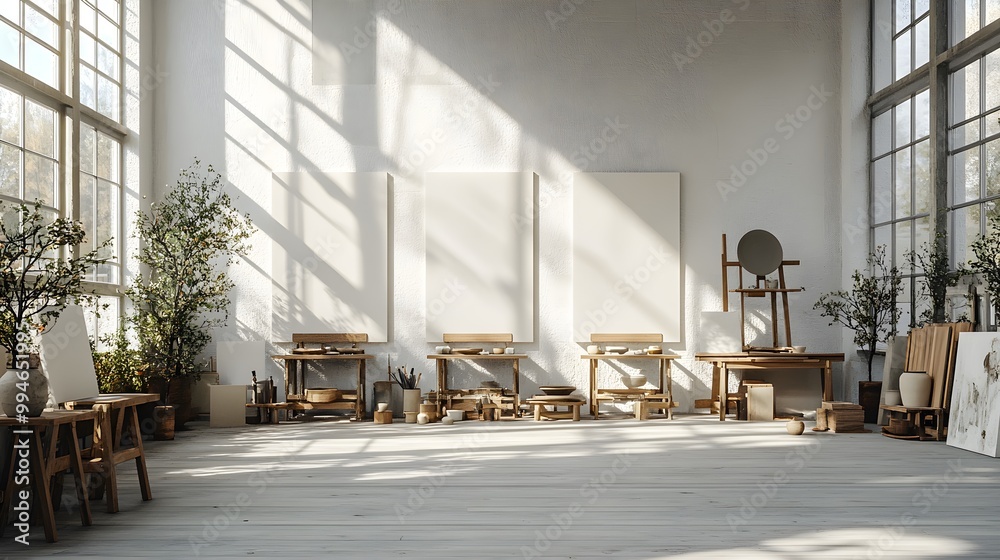 A minimalist circular studio with natural light flooding in from ...