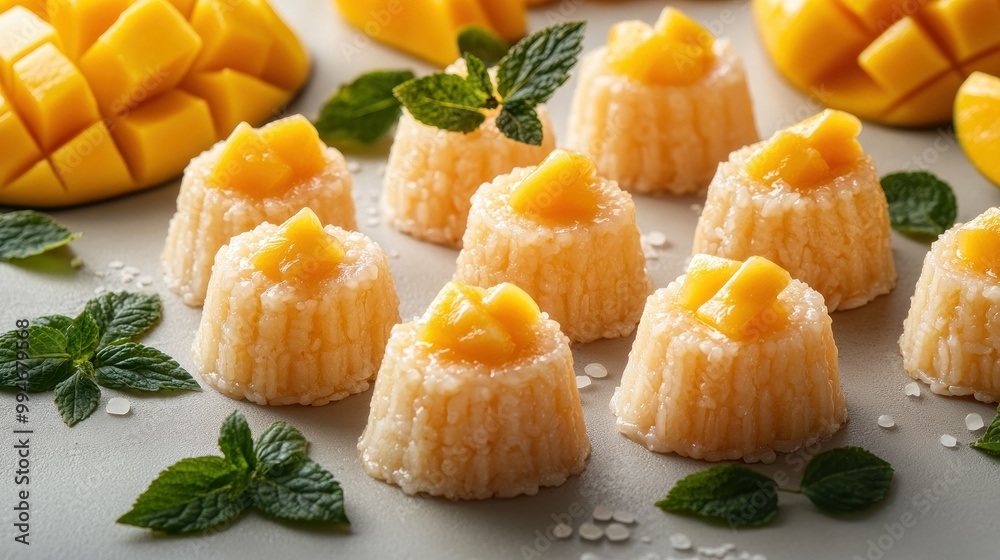 Artfully arranged assortment of vibrant bite-sized Thai mango sticky ...