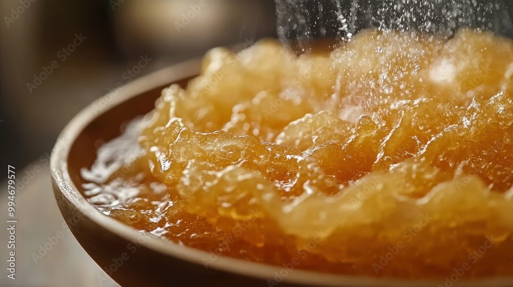 Dramatic close-up of a freshly fried, golden Thai roti sai mai (pulled ...