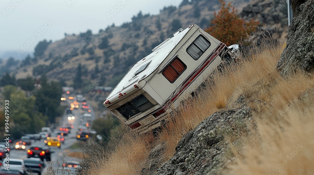 Recreational vehicle tips over on a steep grade blocking both lanes of ...