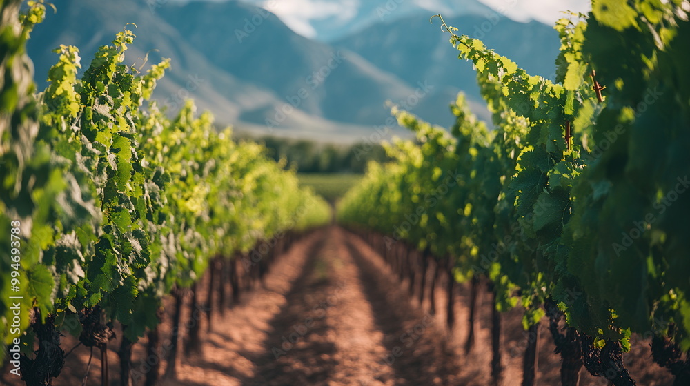 A close-up shot of a traditional vineyard in the Mendoza region, with ...