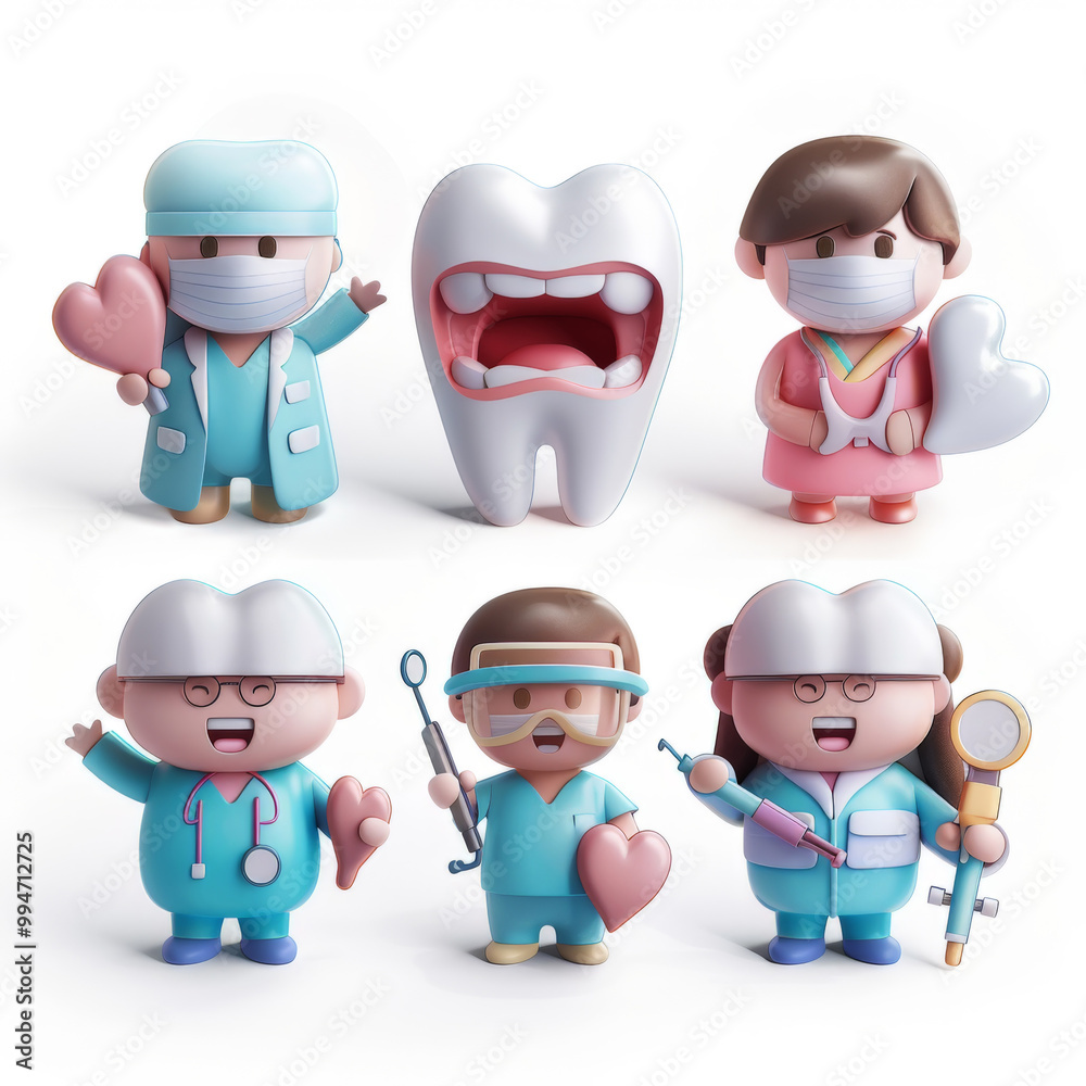 Dentist characters with heart-shaped elements and dental tools Stock ...