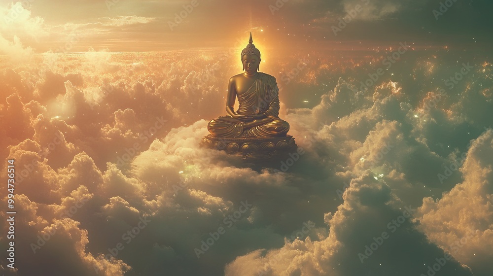 Stunning golden Lord Buddha floating above the clouds, set against a ...