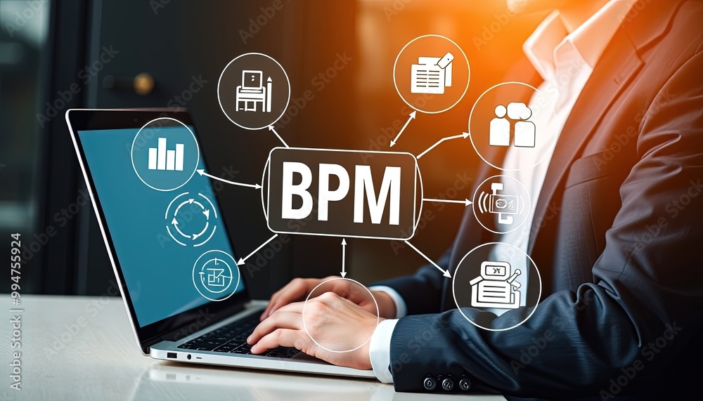 BPM, Business Process Management Concept. A businessman works on a ...