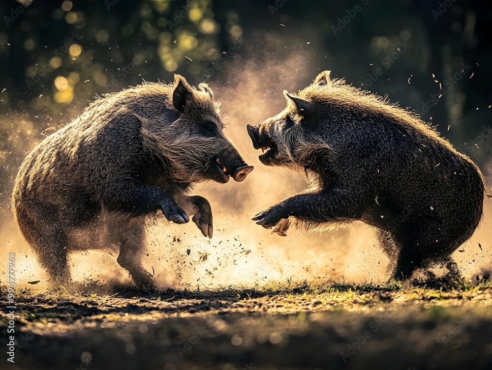 wild boar in the forest, Two wild boars are fighting in the wild. Stock ...