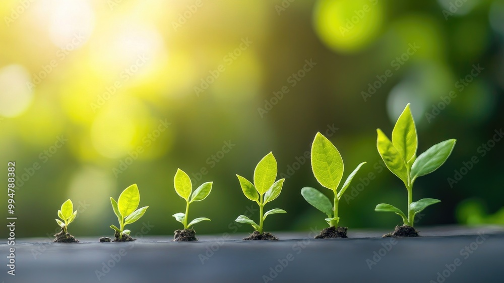 Sequence of plant growth stages from seedling to full plant, under ...