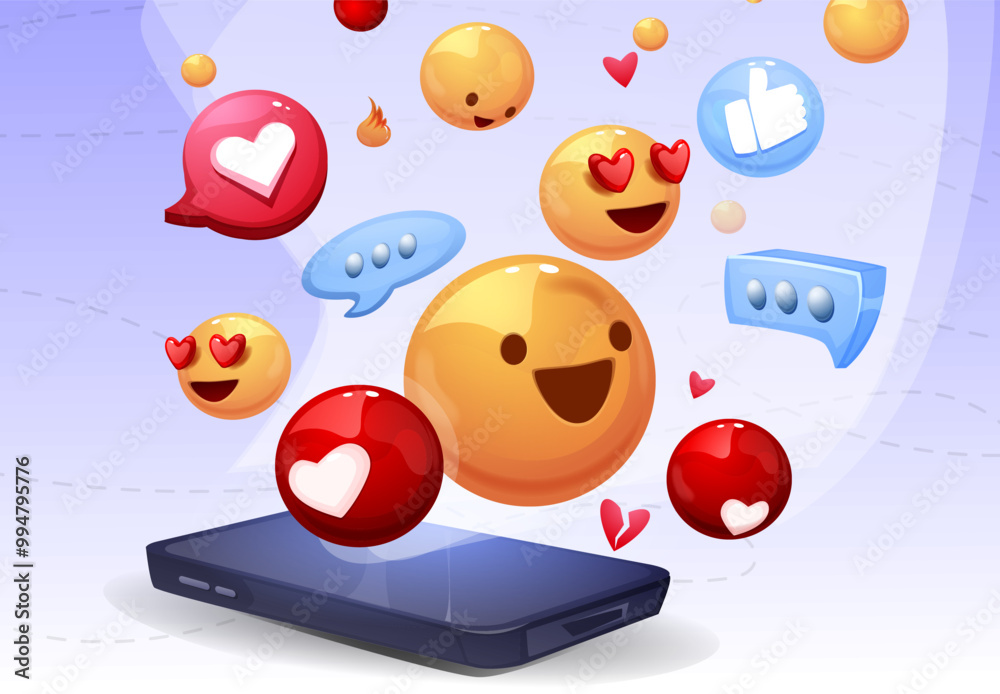 Social media marketing. Banner with yellow emoji, likes, comments and ...