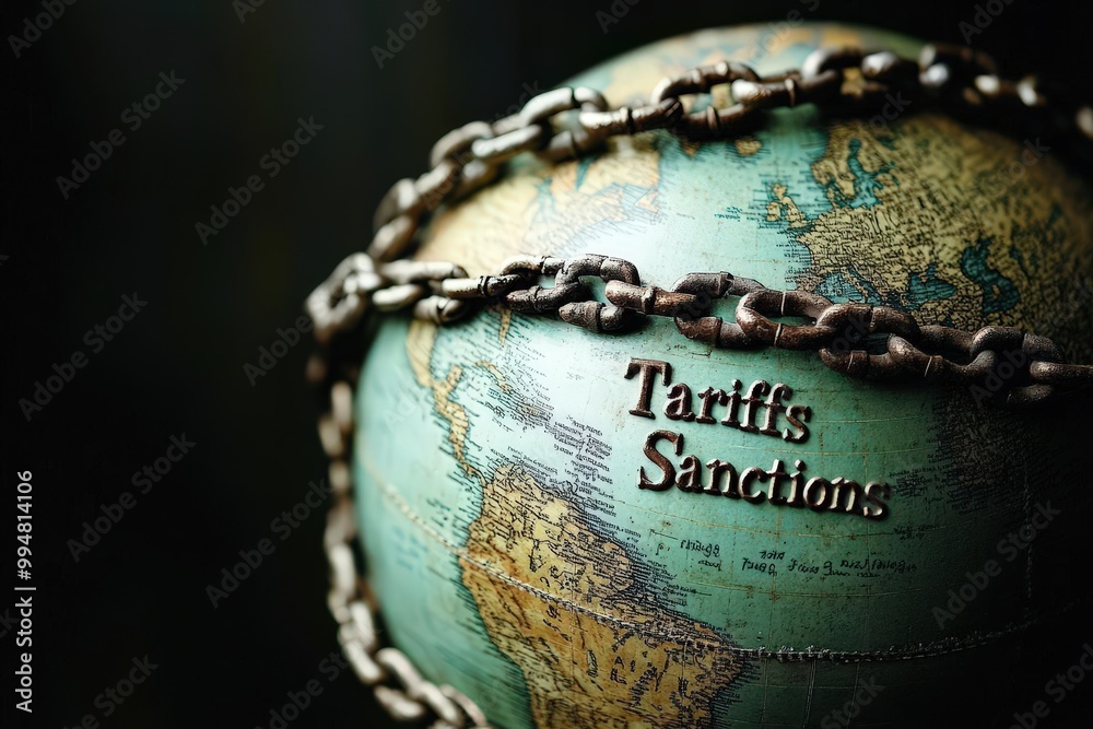 A globe being weighed down by heavy chains labeled "Tariffs" and ...