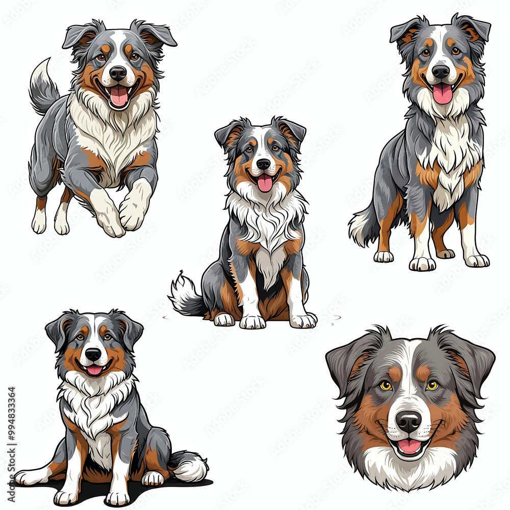 Set of blue merle australian shepherd dog cartoon illustration ...