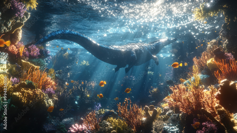 An underwater scene featuring a giant Plesiosaurus gracefully swimming ...