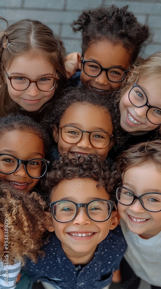 Diverse group of smiling children wearing glasses huddle together for a ...