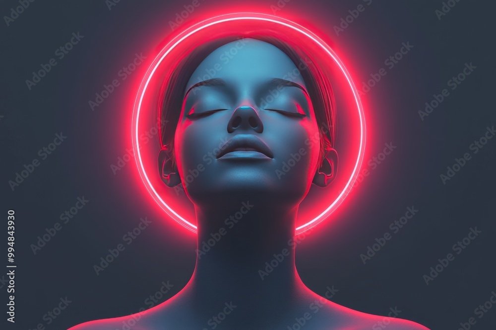 Futuristic portrait of a woman with a glowing red halo eyes closed in ...