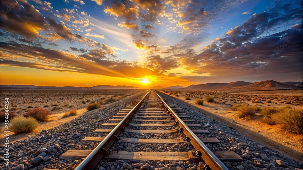 A golden sunset casts long shadows across the desert landscape as a ...