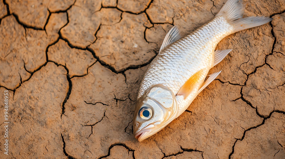 Dying fish in a driedup riverbed, visualizing the environmental impact ...