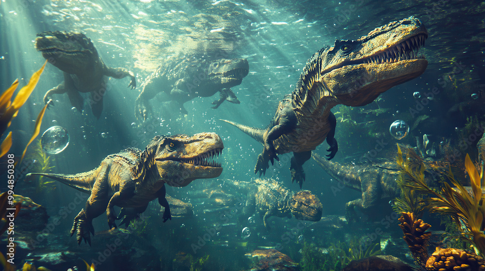 An underwater scene of multiple dinosaurs swimming together, a variety ...