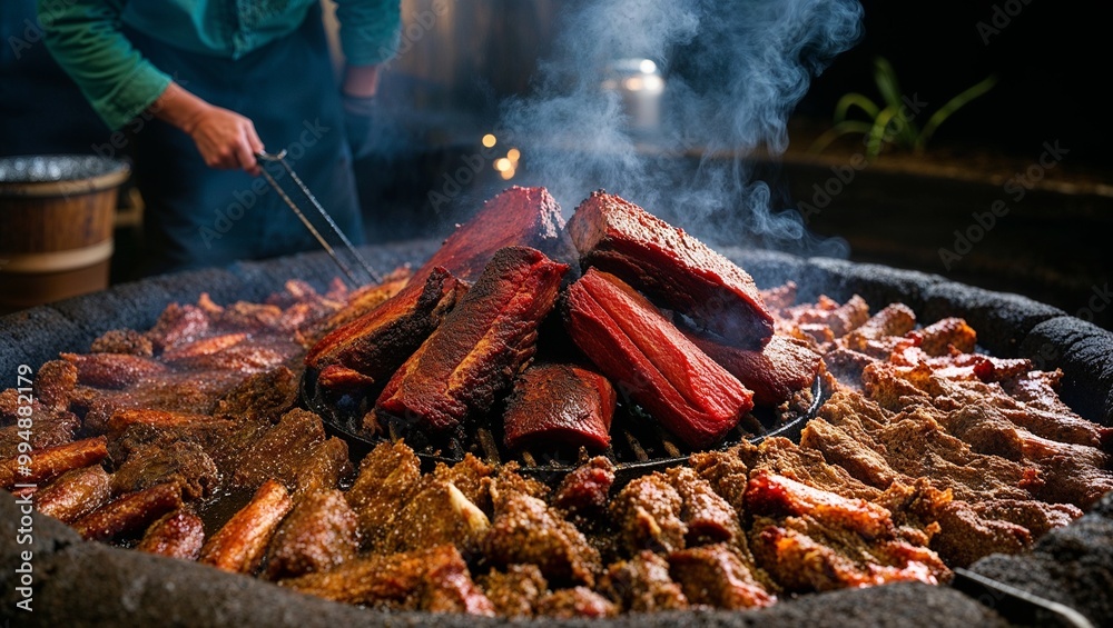 Maori hangi smoked meats cooked in earth oven closeup Stock ...