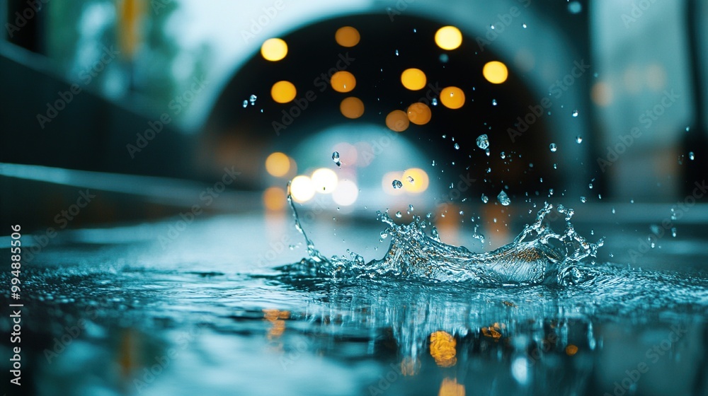 Rainy day in the city. Water drops fall into the sewer drain tunnel ...