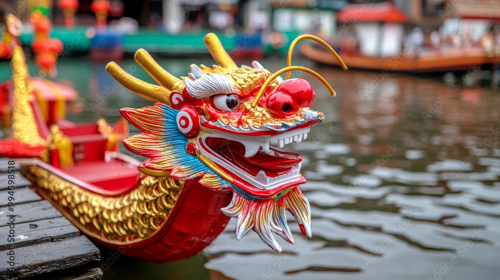 Colorful dragon boat head against a serene water background ...