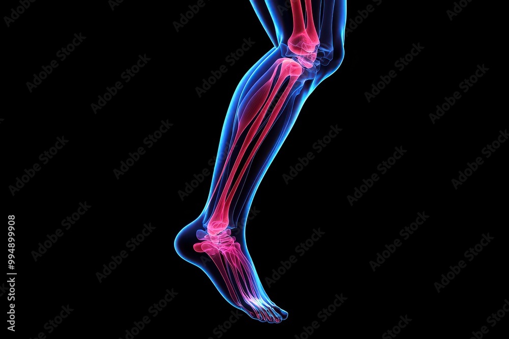 transparent human body, with the skeletal system highlighted in red leg ...