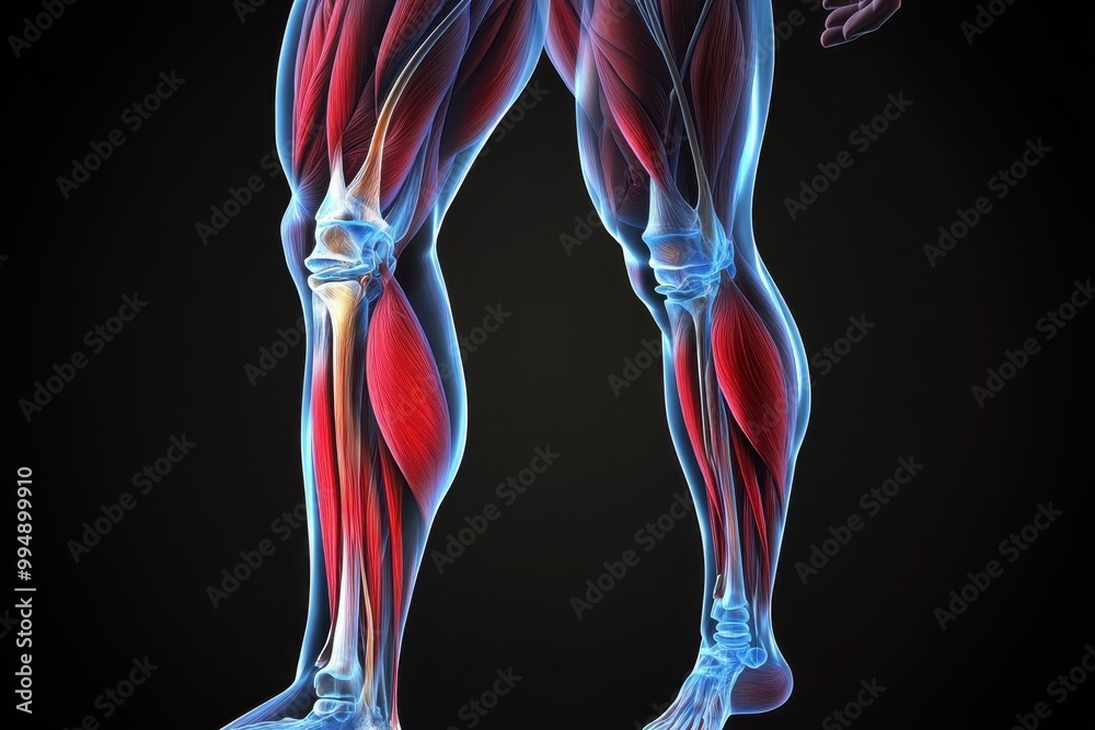 transparent blue and red human body showing leg muscles with copy space ...