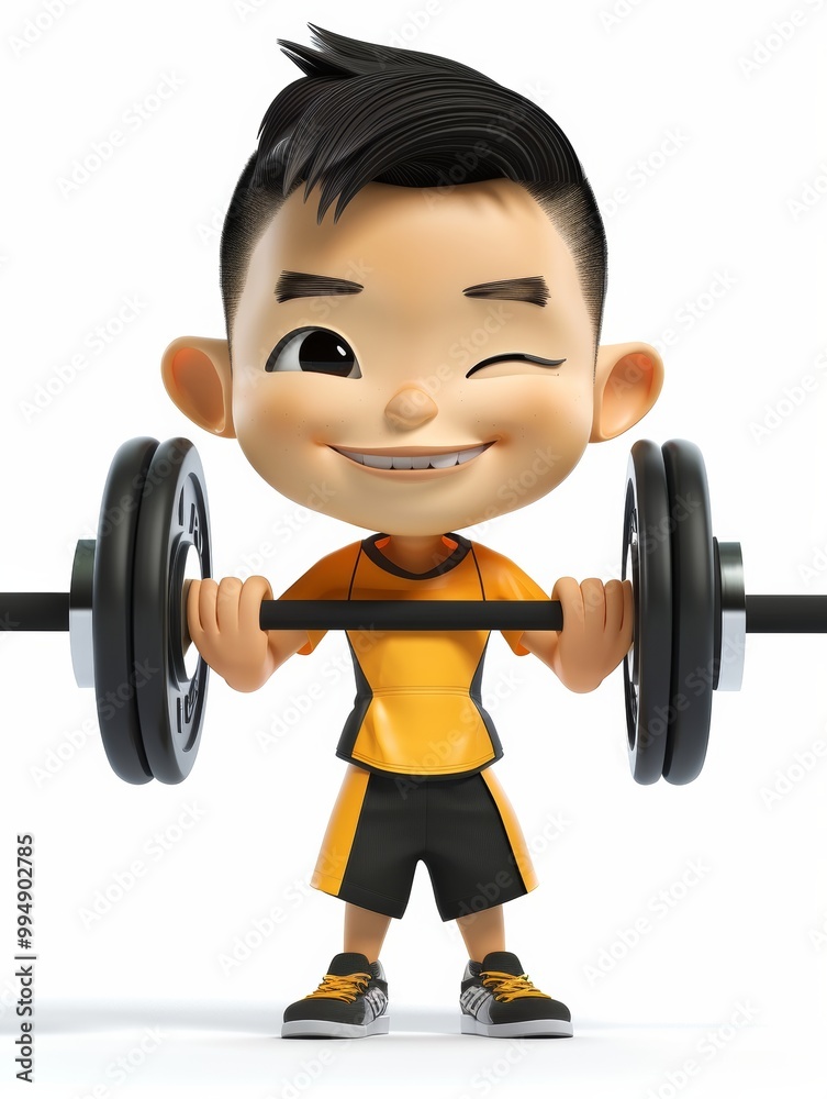 Cute cartoon style 3D render of an Asian male weightlifter lifting a ...