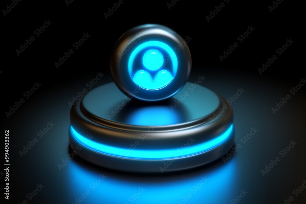 Neon blue glowing user profile icon placed on a metallic base ...